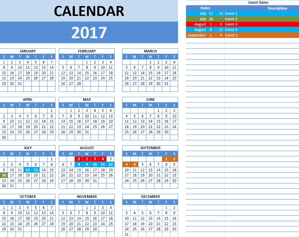2017 Calendar Template Excel Templates Excel Spreadsheets Excel 