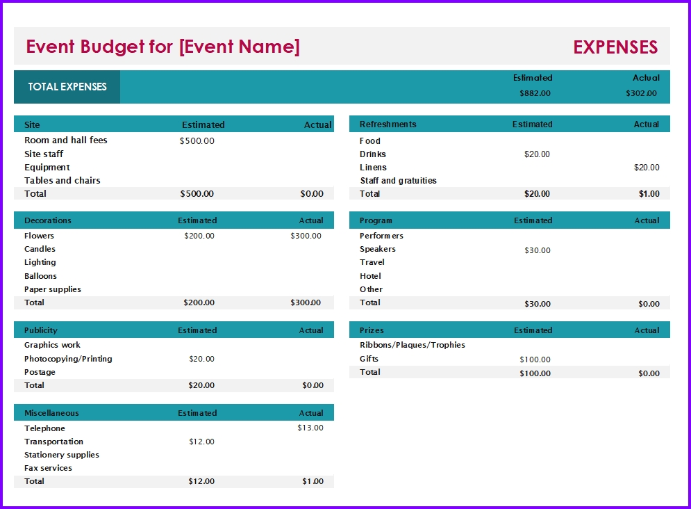 Event Budget Template EXCELTEMPLATES