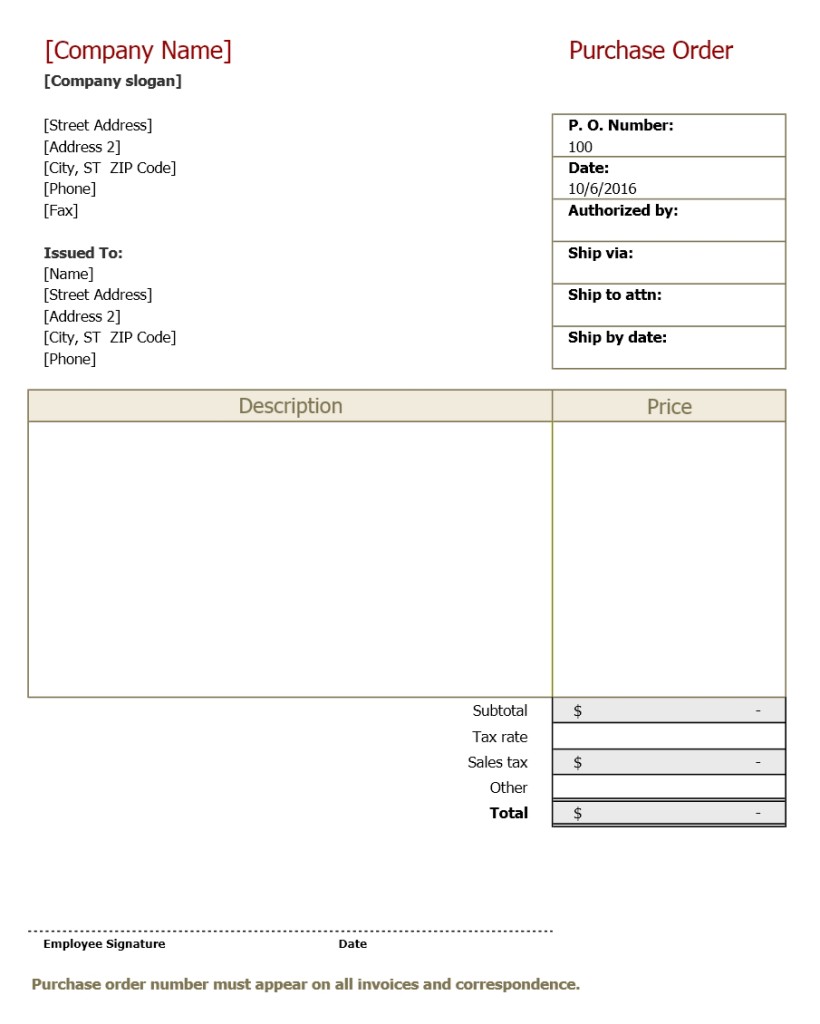 Purchase Order Excel Template » EXCELTEMPLATES.org