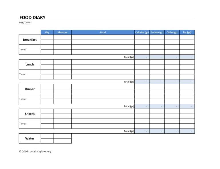 Food Diary Template » EXCELTEMPLATES.org