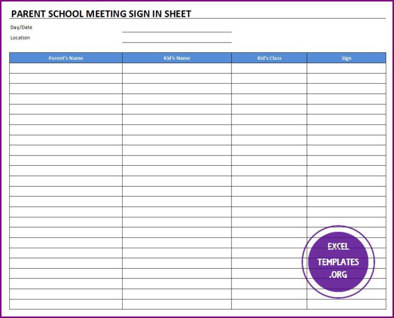 Parent School Meeting Sign In Sheet Template » EXCELTEMPLATES.org