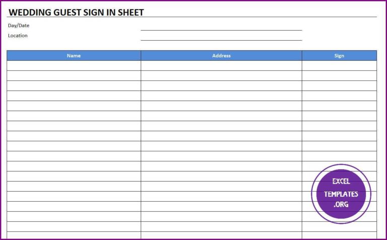 Wedding Guest Sign In Sheet Template » EXCELTEMPLATES.org