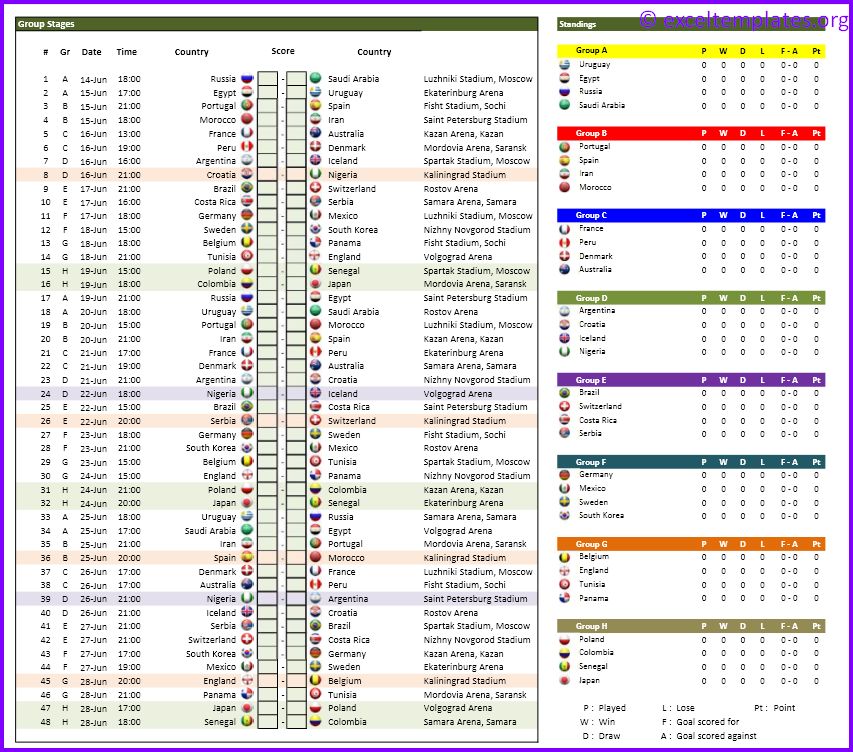 2018 FIFA World Cup Russia Schedule Template Excel Templates Excel