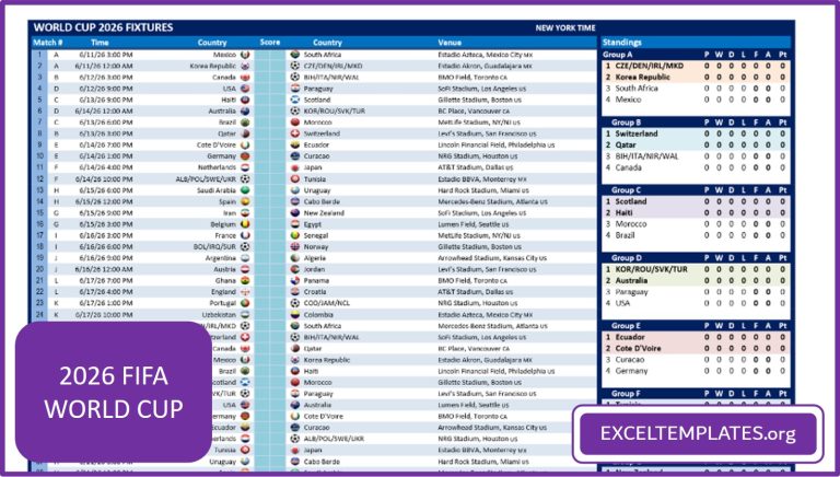 2026 FIFA World Cup Schedule Template » EXCELTEMPLATES.org